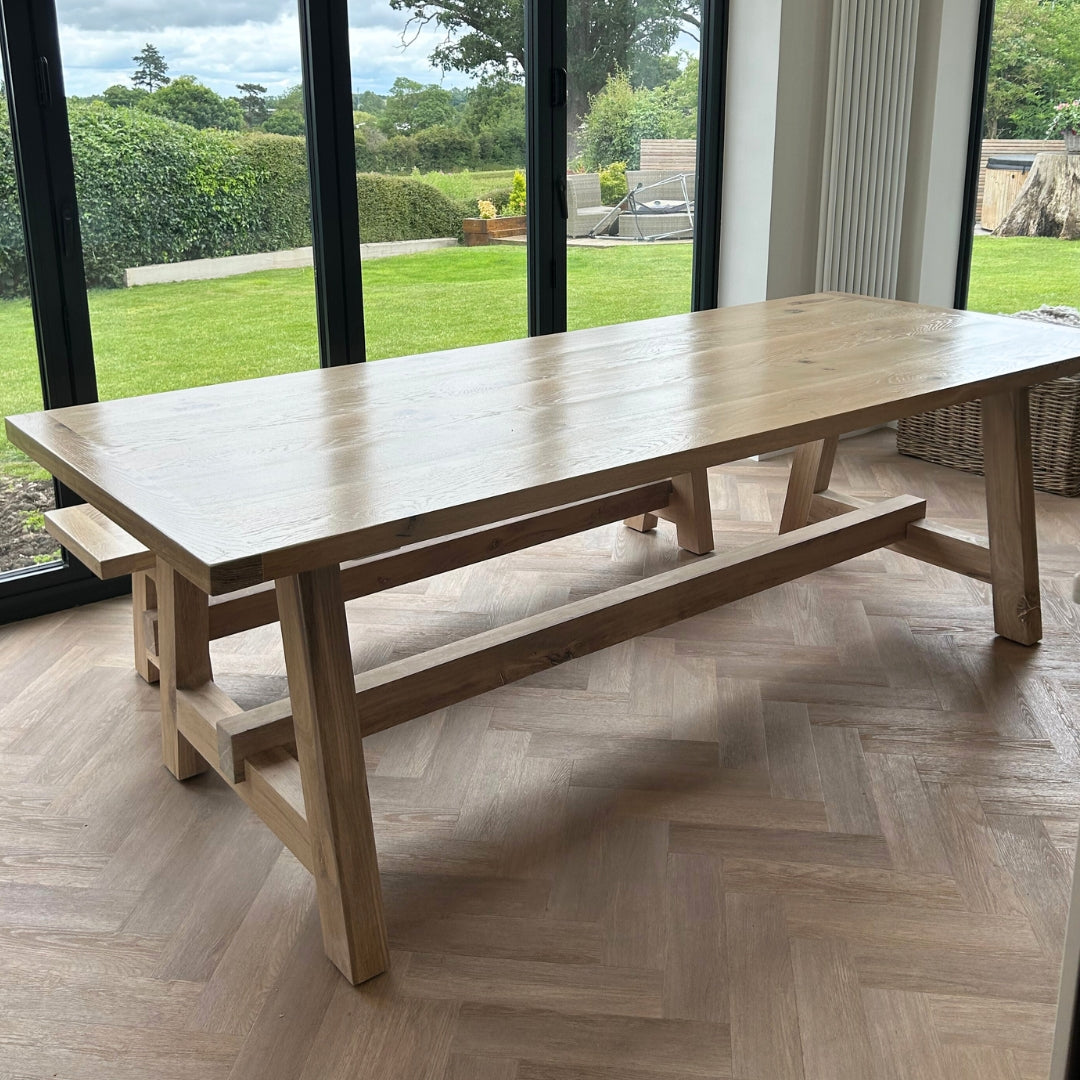 Boscobel - Solid Oak trestle dining table - Thick legs – Masterplank UK